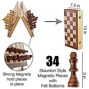 15'' Magnetic Wooden Chess Set Folding Board, Handmade Portable Travel Chess Board Game Sets with Game Pieces Storage Slots Beginner Chess Set for Kids and Adults - 2 Extra Queens