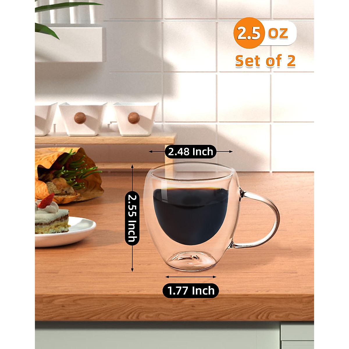 BSDPRFE 2.5 oz Espresso Cups Set of 2 with Handle Espresso Shot Glasses, Double Wall Insulated Espresso Mugs, Tazas de Cafe Expreso, Milk Cup with Handle, Suit for Espresso Machine