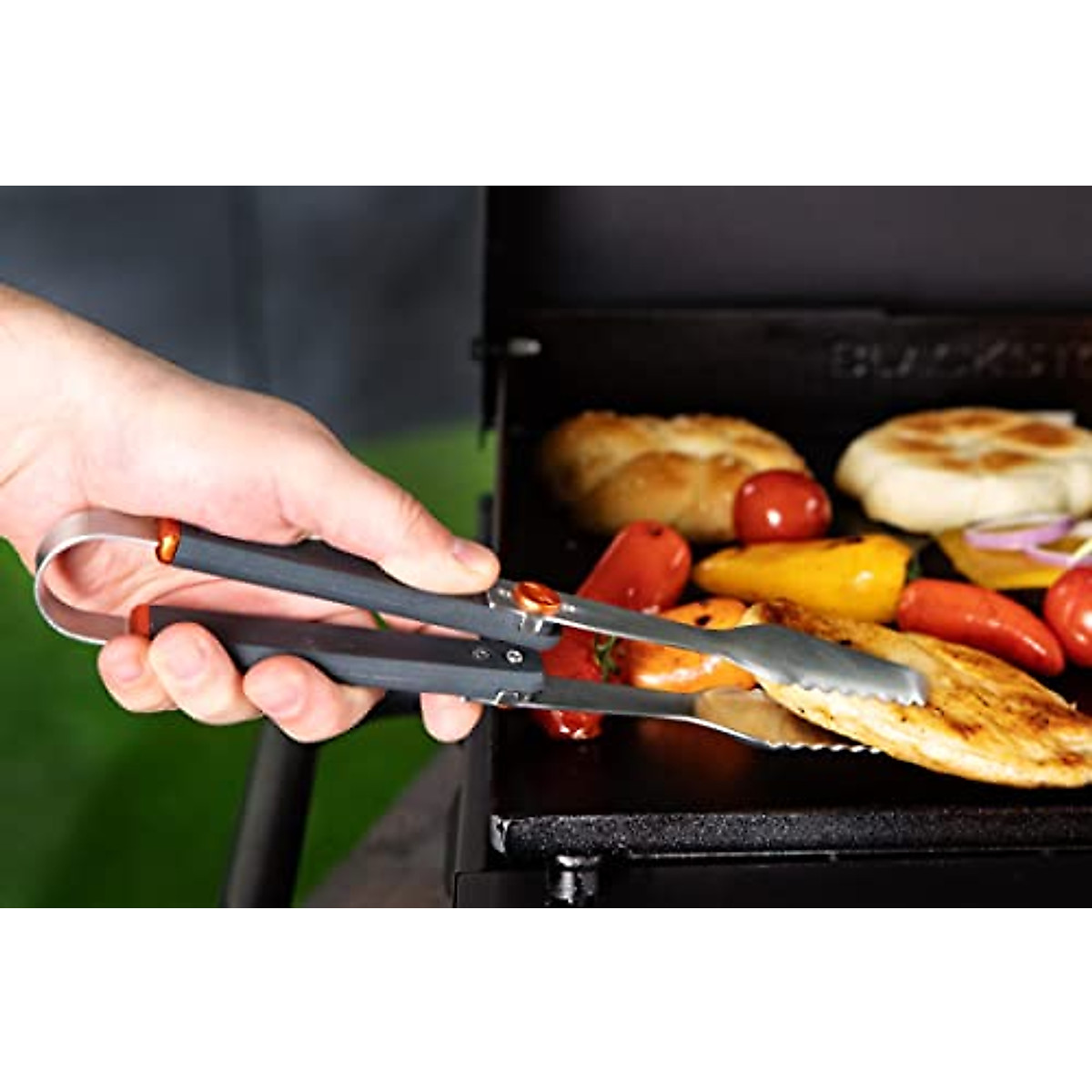 Blackstone 5294 Foldable 2 Piece Hamburger Spatula Flipper and 1 BBQ Tong-Flex Fold Model Stainless Steel-Easy to Carry and Clean Griddle Accessories Tool Set, Black, Orange