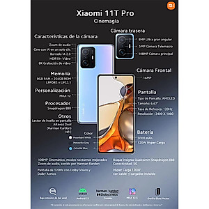 Xiaomi 11T PRO 5G + 4G Global Version (256GB, 8GB) 6.67” 108MP Triple Cam, NFC SIM (Not Compatible Verizon Sprint Boost Metro Cricket) GSM Unlocked (w/Fast Car Charger Bundle) (Celestial Blue)