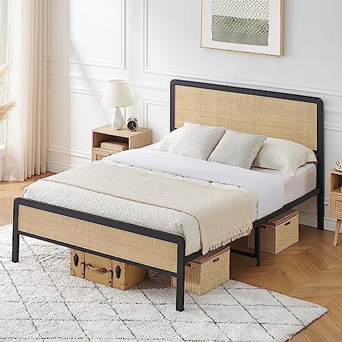 Alkmaar Queen Size Metal Bed Frame with Rattan Headboard and Footboard, Platform Bed Frame with Safe Rounded Corners, Under Bed Storage, Strong Metal Slat Support, No Box Spring Needed