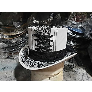 Steampunk Black Crusty Band White Leather Top Hat (Leather, XX-Large)