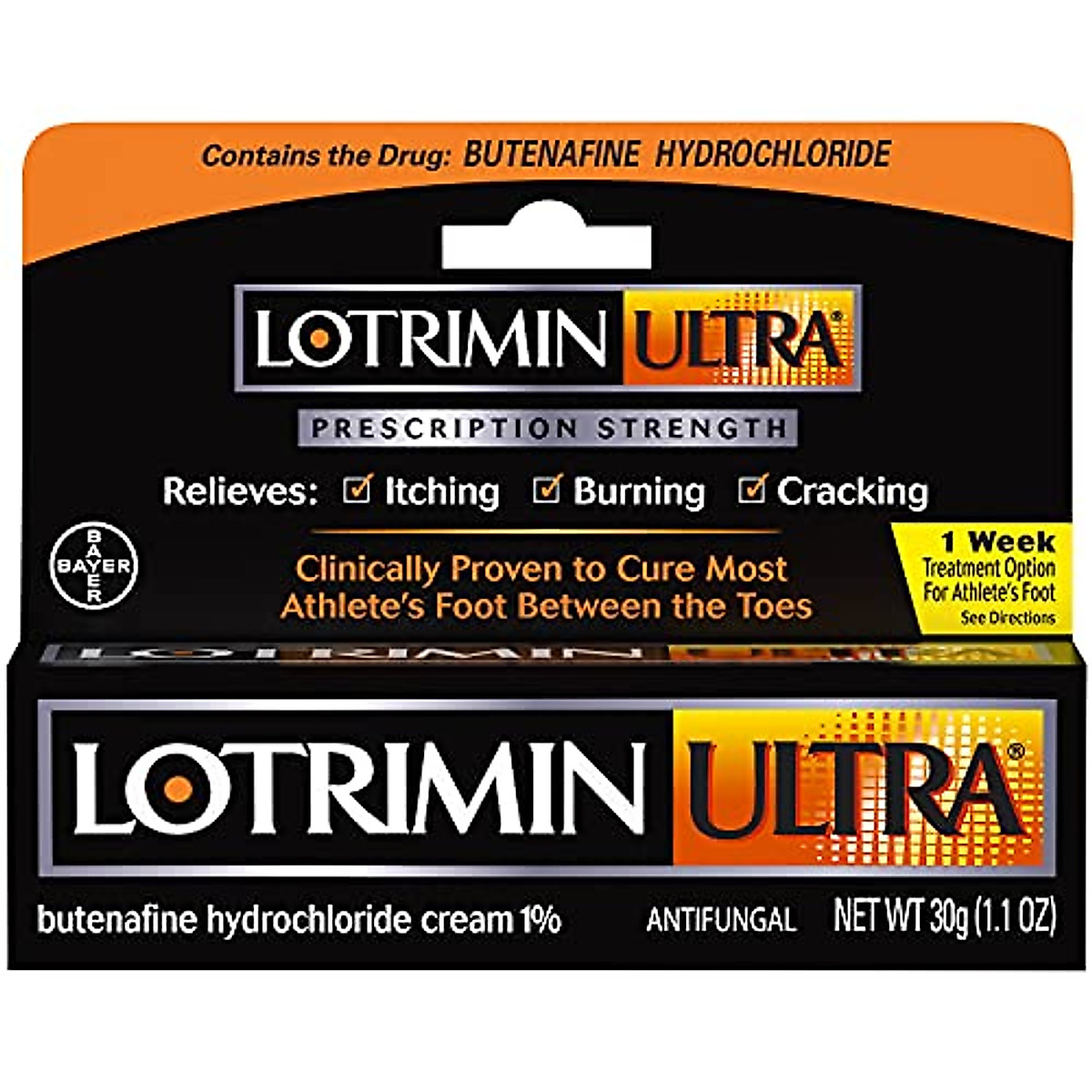 Lotrimin Ultra 1 Week Athlete's Foot Treatment, Prescription Strength Butenafine Hydrochloride 1%, Cures Most Athlete’s Foot Between Toes, Cream, 1.1 Ounce (30 Grams)
