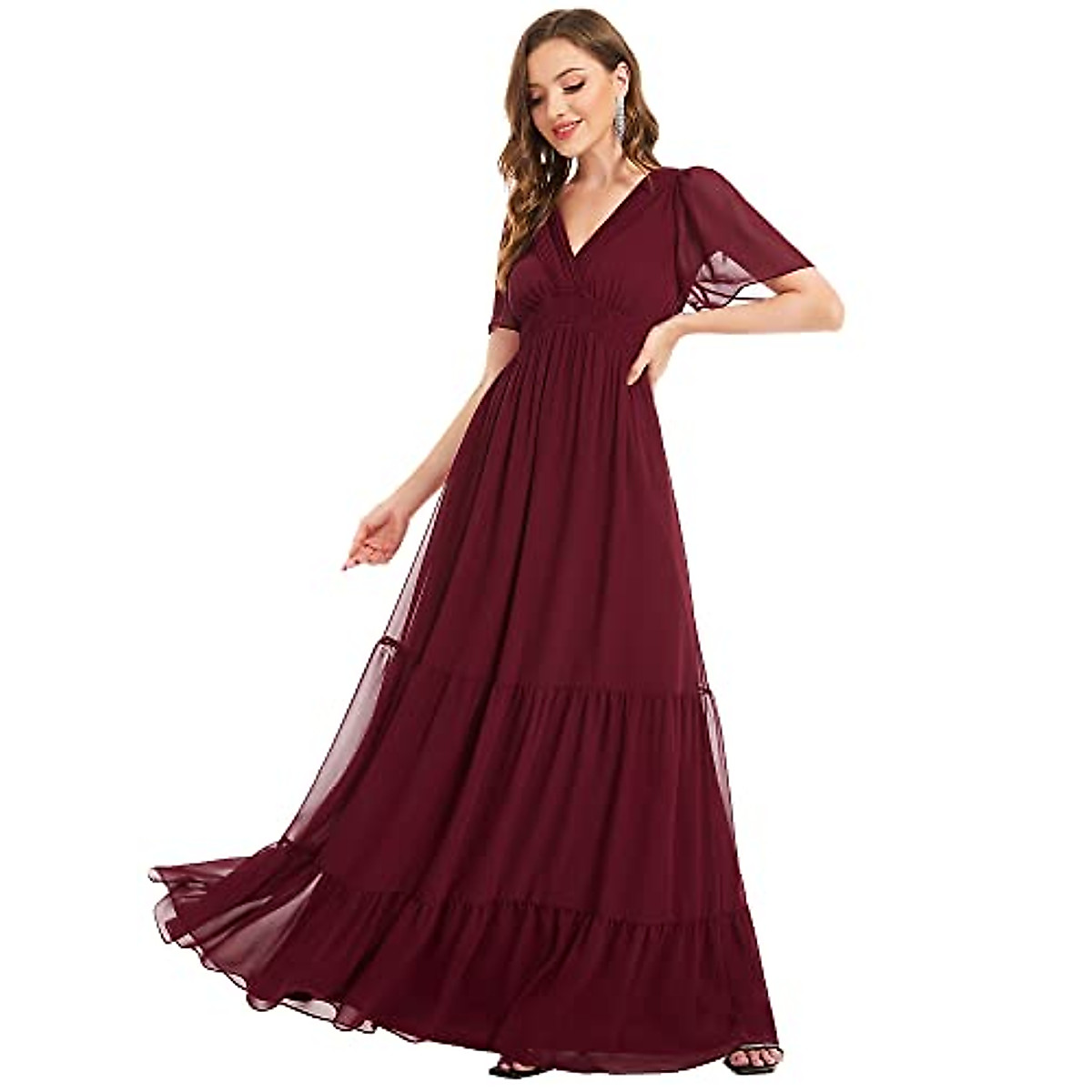 Ever-Pretty Women's Chiffon V Neck Back Lace up Short Sleeves Pleated Maxi Bridesmaid Dress Burgundy US10