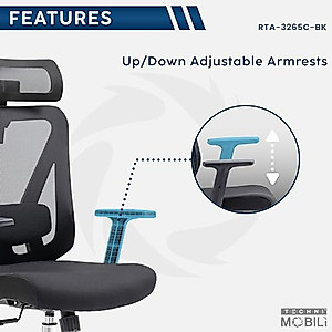 Techni Mobili Truly Ergonomic Office Chair with Lumbar Support & Adjustable Headrest – Breathable Mesh Office Chair with 5 Precision Adjustment Points, Black