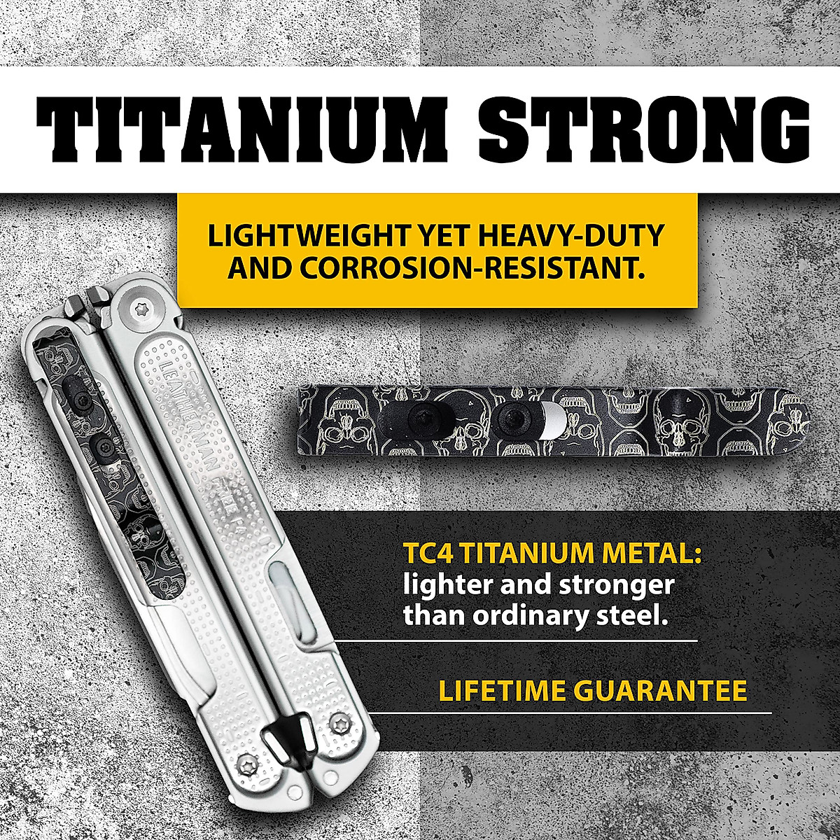 Donk! Titanium Pocket Clip. Made for Leatherman Free (P2, P4, T2 & T4) Curl & Bond. TC4 Titanium. Matte Finish. 2 Screws. 5 Custom Designs. Extra Carry Options - 'Numb Skulls Dark’