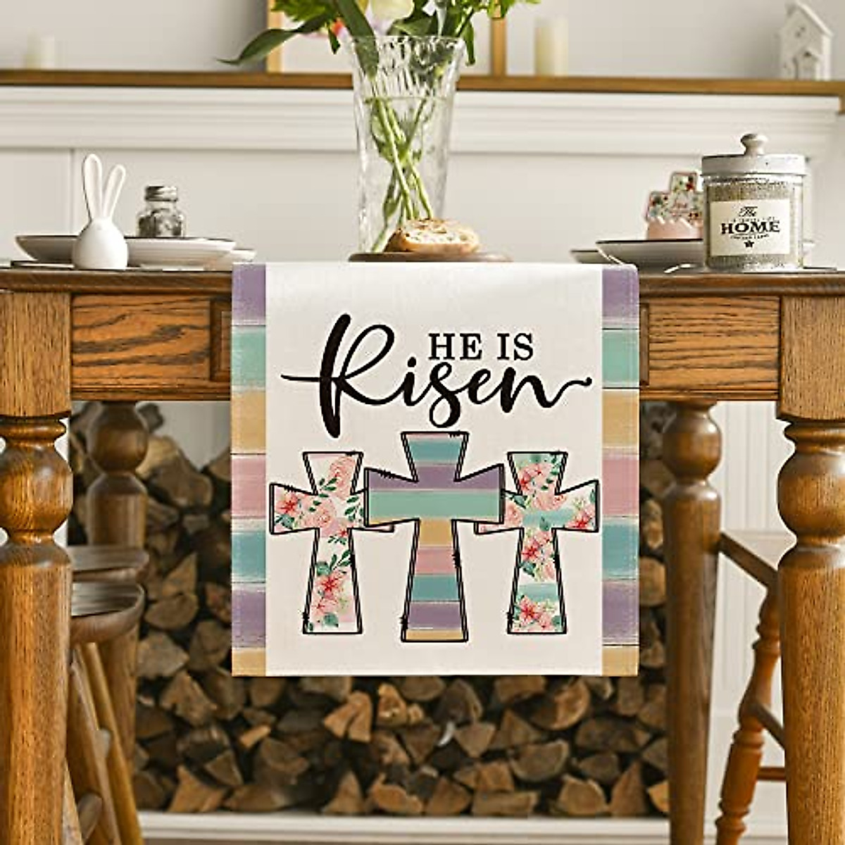 Artoid Mode Cross He is Risen Easter Table Runner, Spring Summer Seasonal Holiday Kitchen Dining Table Decoration for Indoor Outdoor Home Party Decor 13 x 72 Inch