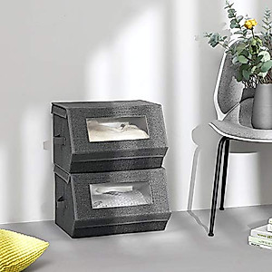SONGMICS Stackable Storage Bins Set of 2, Fabric Storage Boxes with Lids, Storage Cubes with Magnetic Closures, Front Windows, Lids Can Stay Open after Stacking, Dark Gray URPLB02G
