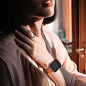 OUHENG Slim Band Compatible with Apple Watch Band 41mm 40mm 38mm, Women Genuine Leather Band Replacement Thin Strap for iWatch SE2 SE Series 8 7 6 5 4 3 2 1 (Brown/Rose Gold, 41mm 40mm 38mm)