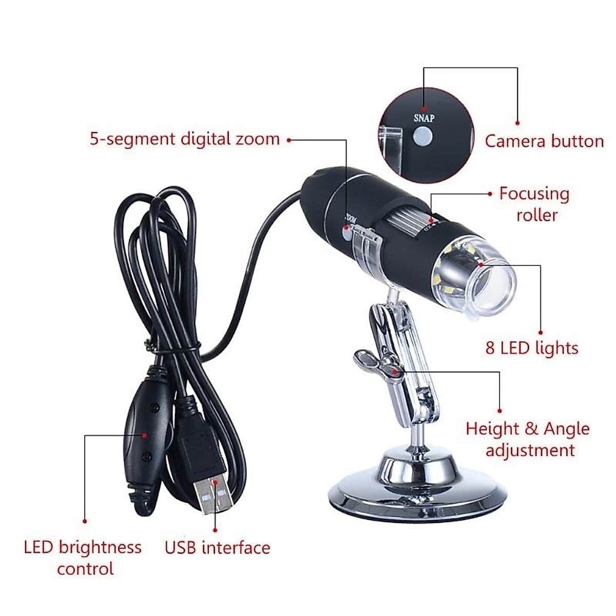 Lab Microscope Slides 1600X USB Digital Microscope Camera 8LED Magnifier with Metal Stand Microscope Parts