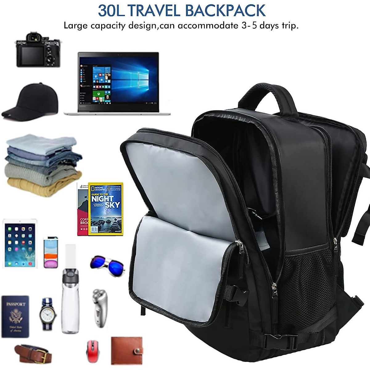 Travel Backpack for Men Women, Large Carry On Backpack Airline Approved,TSA 17.3 inch Laptop Backpack, Waterproof Backpack, College School Bag Casual Daypack for Weekender Business Hiking, Black