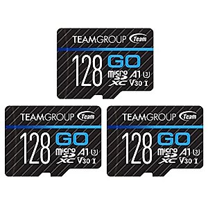 TEAMGROUP GO Card 128GB x 3 PACK Micro SDXC UHS-I U3 V30 4K for GoPro & Drone & Action Cameras High Speed Flash Memory Card with Adapter for Outdoor Sports, 4K Shooting, Nintendo-Switch TGUSDX128GU362
