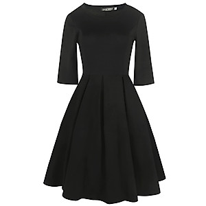 oxiuly Women's Vintage Half Sleeve O-Neck Contrast Casual Pockets Party Swing Dress OX253 (Black Solid, S)