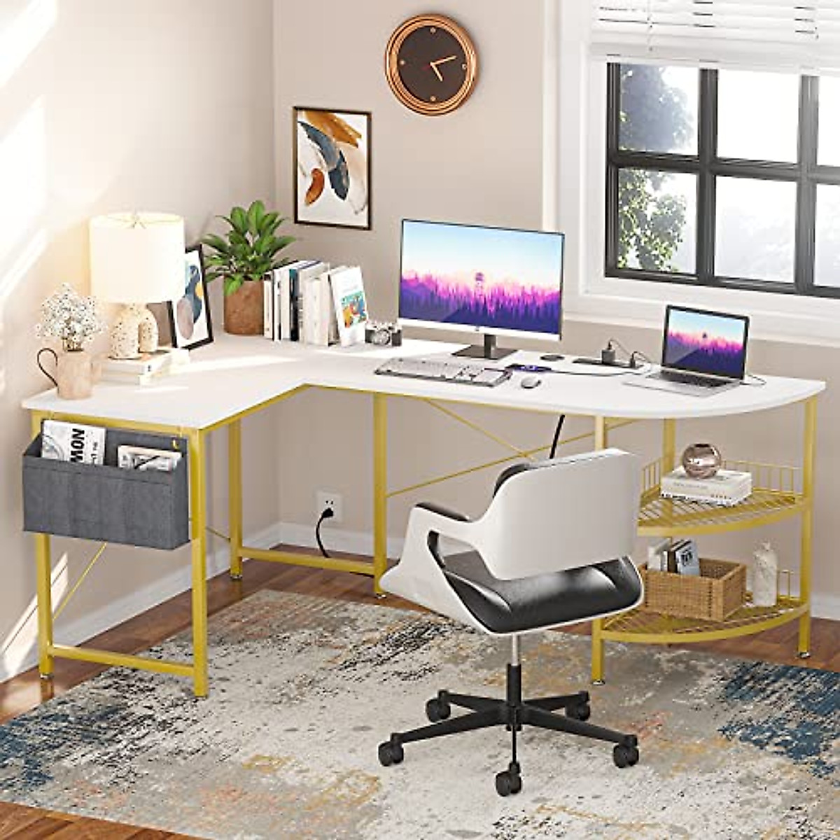Unikito L Shaped Desk with Power Outlet, 98.4" Reversible Corner Computer Table with Storage Shelves and Bag, Modern 2 Person Large Long Desk for Home Office Writing Study Workstation, White