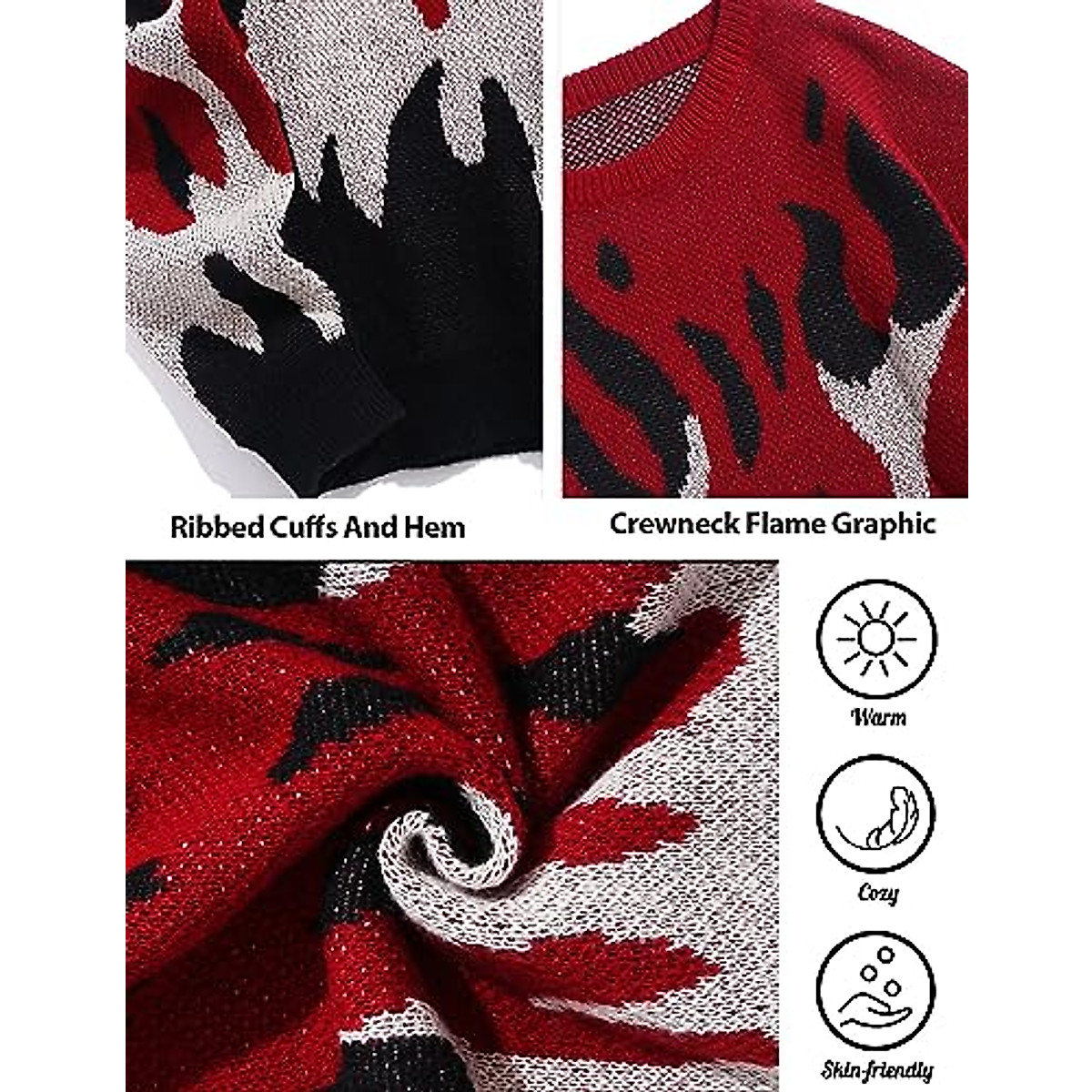 ZAFUL Mens Long Sleeve Flame Graphic Y2K Knit Sweaters Casual Oversized Sweater Pullover Wine Red XXL