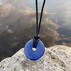 Sea Glass Jewelry - I am Happy Series - Classic Lucky Donut Necklace - Hawaiian Style Crystal Charm - Protection and Good Luck Amulet - Beach Jewelry for Women and Men - Handmade with Love - Blue