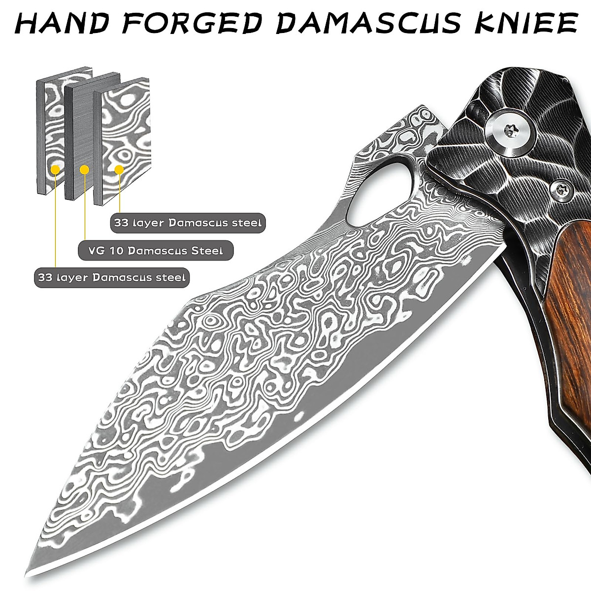 Minowe Handmade Damascus Steel Folding Pocket Knife， with 3.7in Sharp Blade，Men's Folding Knife, Liner Lock，Desert Ironwood Handle，with Leather Sheath, Home Outdoor EDC Knife, Camping Gift Knifeife