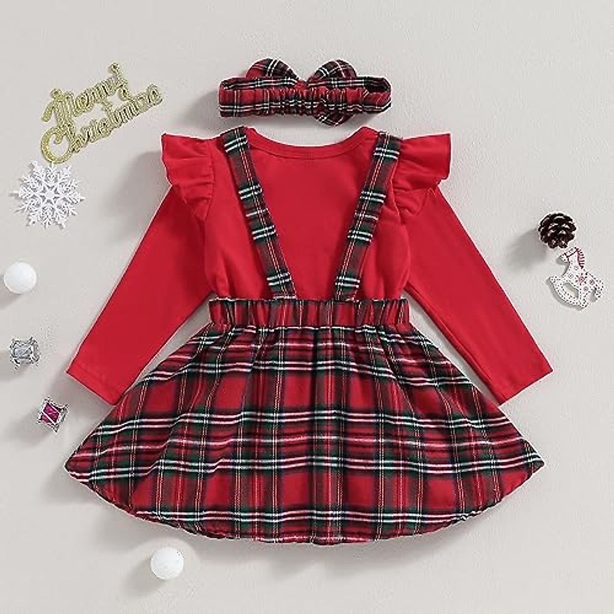 mlpeerw Newborn Baby Girl Christmas Outfit Infant Xmas Dress Clothes Ruffled Long Sleeve Romper Plaid Skirt Headband 3pcs (Red, 9-12 Months)