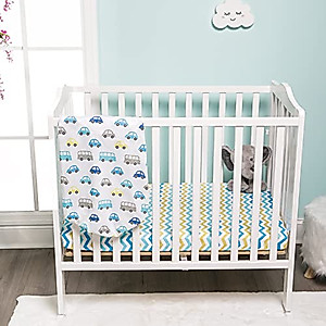 2 Pack n Play Mattress Sheets – 100% Jersey Knit Cotton Soft Portable Crib Mattress Sheets for Boys with Blue, Gray, Yellow Cars and Chevron Design; 2 Pc Playpen Mattress or Mini Crib Sheet Fitted Set