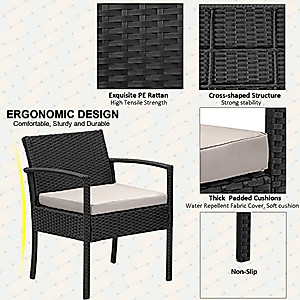 FHFO 3 Pieces Patio Furniture Set, Balcony Furniture, Patio Bistro Set All-Weather Wicker Chairs Conversation Set with Cushions Table for Outdoor Backyard Porch Lawn (Black-Grey)