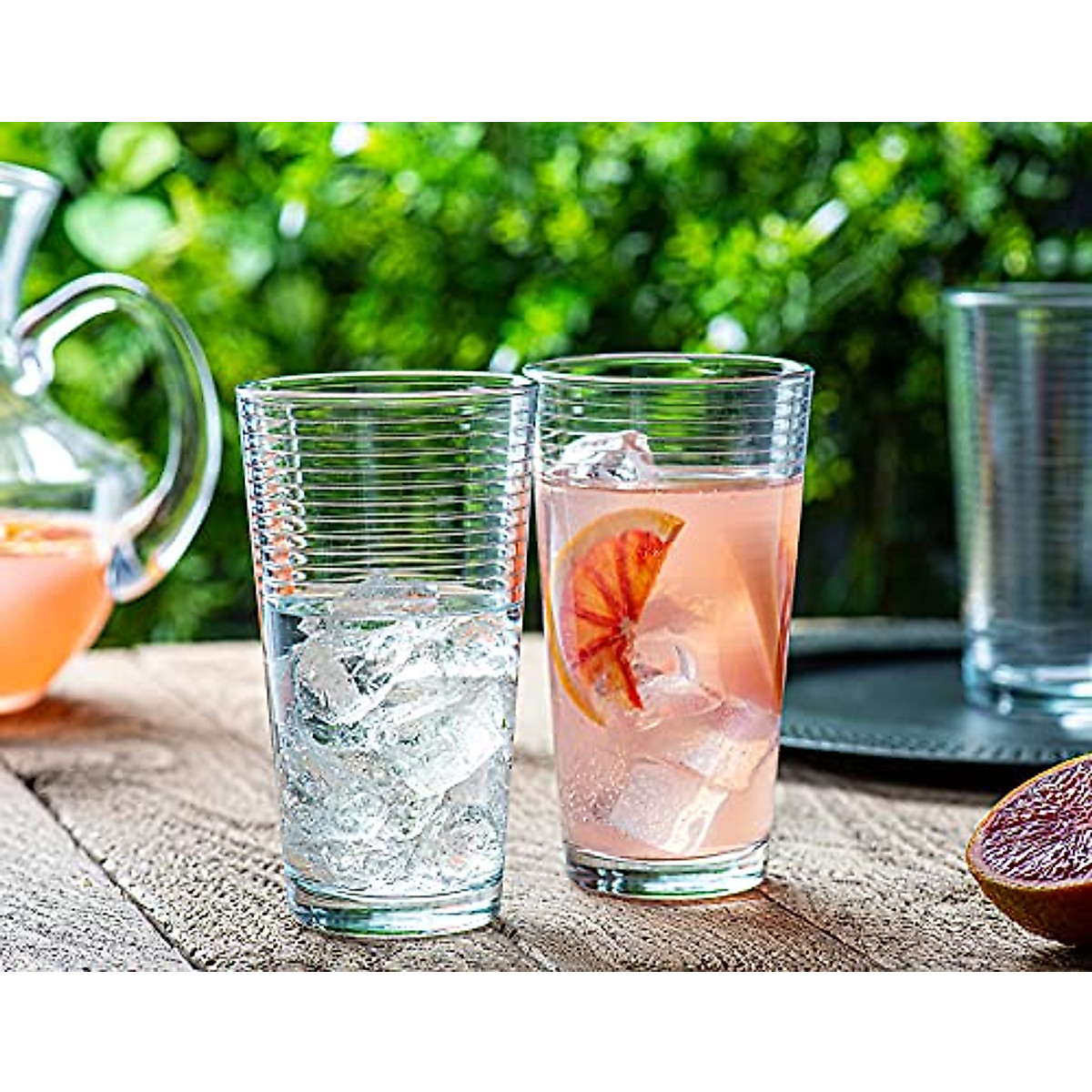 Le'raze Set of 16 Heavy Base Ribbed Durable Drinking Glasses Includes 8 Cooler Glasses (17oz) and 8 Rocks Glasses (13oz) - Clear Glass Cups - Elegant Glassware Set. Cordial Glasses