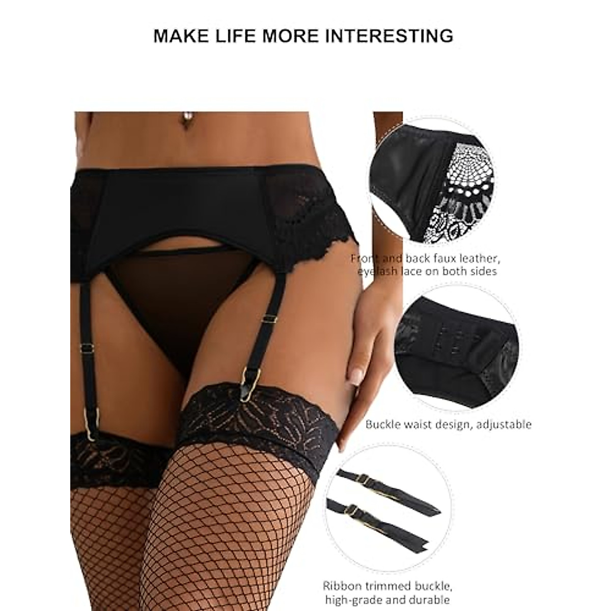 ohyeah Black Floral Lace Garter Belts for Thigh Highs Stockings 4-Strap Metal Clips Mesh Suspender Garter Belt Lingerie XS-S