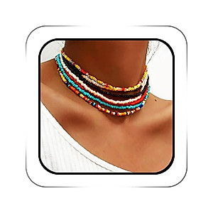 ACEDRE Boho Layered Beaded Necklaces Colorful Beads Choker Necklace Handmade Cute Chokers Set Beach Adjustable Neck Jewelry for Women(7PCS)