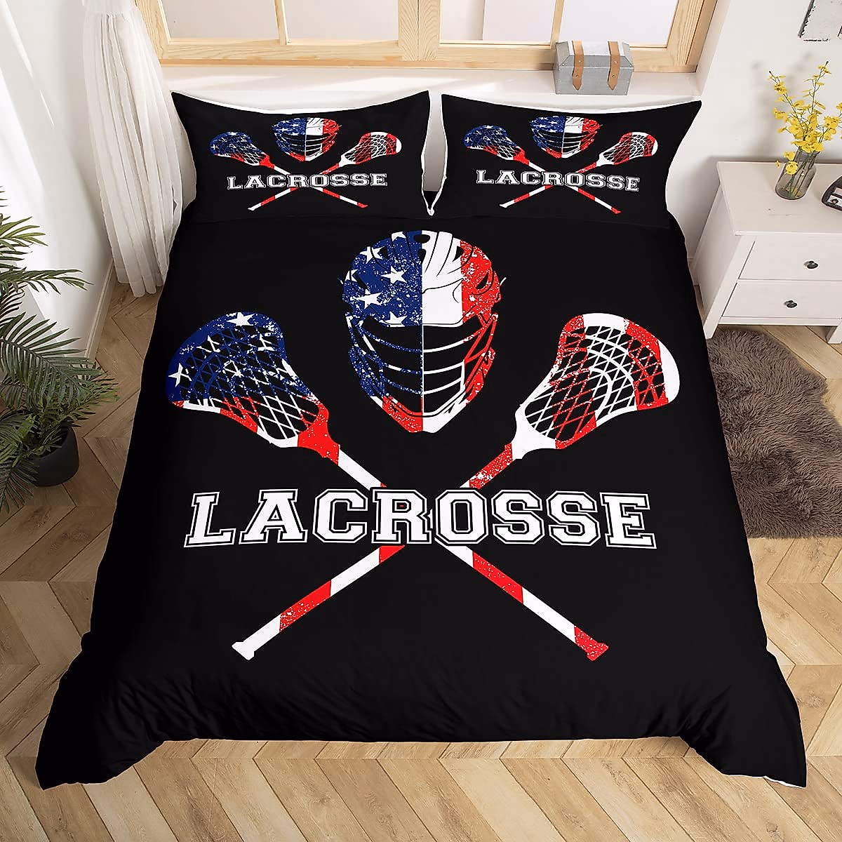 Lacrosse Comforter Cover Queen Size,Sports Ball Games Themed Bedding Set for Modern Room,American Flag Print Duvet Cover Set with 2 Pillowcases, Ultra Soft Bed Spread