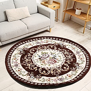 Tyrafry 4ft Floral Round Area Rug Classic Non-Slip Machine Washable Room Mat Sustainable Kitchen Rug Traditional Area Rug for Living Room, Brown