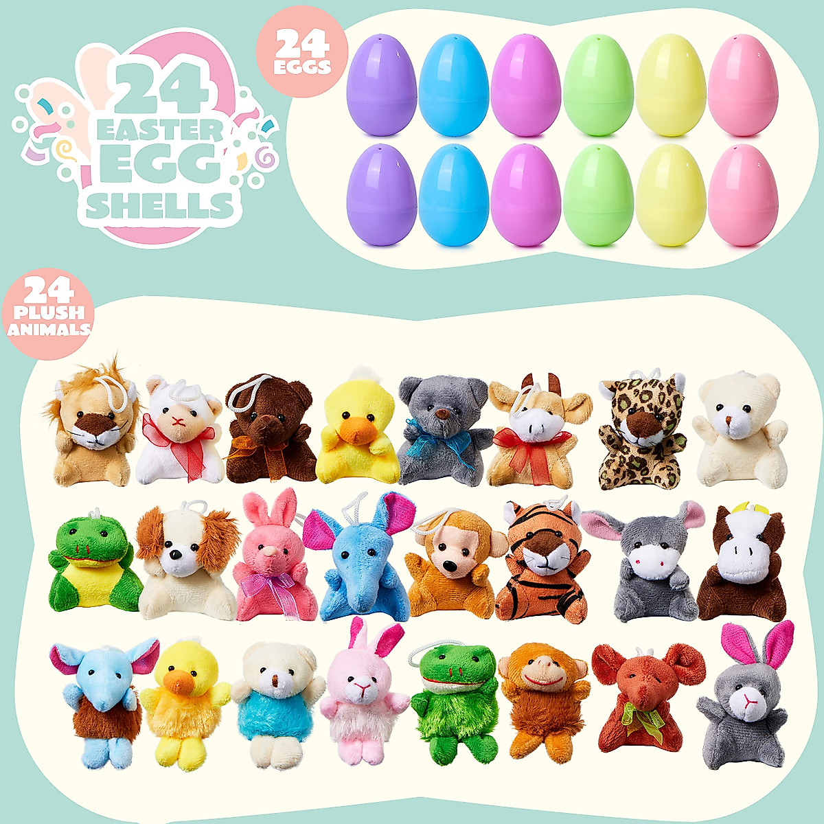 JOYIN 24 Pack Prefilled Easter Eggs of Mini Stuffed Animal Plush Toys Easter Baster Stuffer for Kids Easter Egg Hunt Filler Stuffer
