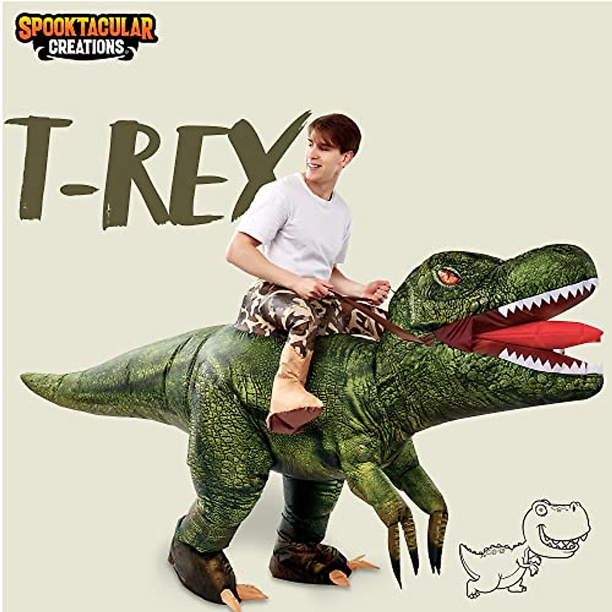 Spooktacular Creations T-Rex Inflatable Costume for Adults, Funny Air Blow Up Costumes, Digital Printing Ride-On Dinosaur Costumes for Halloween Costume Parties