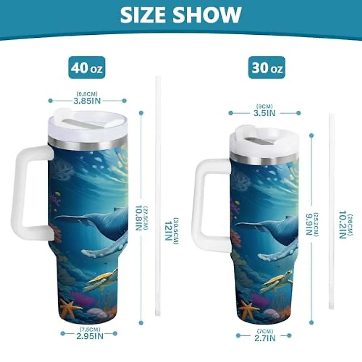 RPLIFE Underwater Scene Blue 40oz Tumbler with Handle, Stainless Steel Cups with Lid, Travel Coffee Tumbler