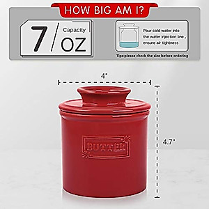 AVLA 2 Pack Ceramic Butter Crock, French Butter Dish with Water Line, Butter Keeper Butter Container for Countertop, Big Capacity, Red
