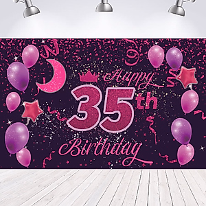 Sweet Happy 35th Birthday Backdrop Banner Poster 35 Birthday Party Decorations 35th Birthday Party Supplies 35th Photo Background for Girls,Boys,Women,Men - Pink Purple 72.8 x 43.3 Inch