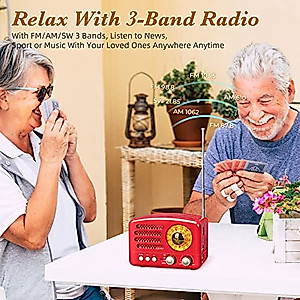 PRUNUS J-160 Portable Transistor Radio AM FM Small Retro Vintage Radio with Bluetooth, Rechargeable Battery Operated, Support TF Card AUX USB MP3 Player (Red)