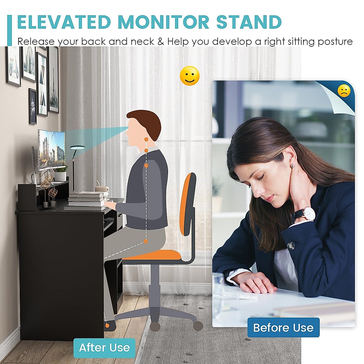 HAPPYGRILL Computer Desk with Monitor Stand, Home PC Office Desk with Keyboard Tray, Drawer & CPU Stand, Study Writing Desk Home Workstation Desk with Display Shelf