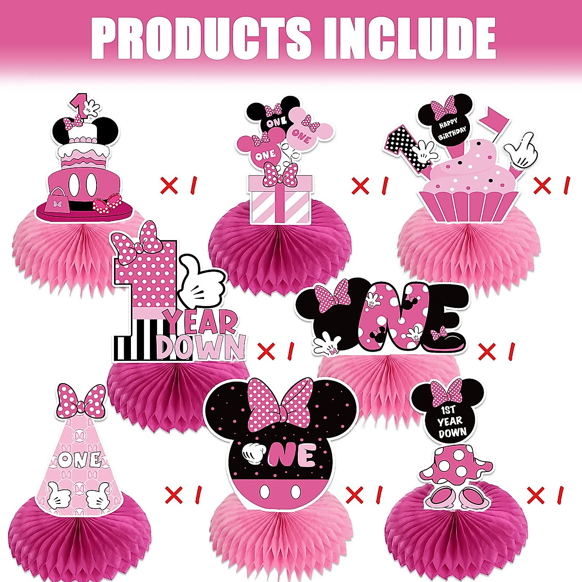 Minnie 1st Birthday Party Decorations Supplies,Minnie Theme Birthday Honeycomb Centerpieces for Girl,Minnie Theme 1st Birthday Table Centerpieces for Minnie First Birthday Party Decor.