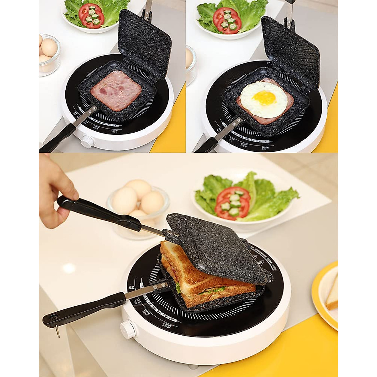 Grill Pan, Nonstick Egg Pancake Steak Frying Skillet with Lid Breakfast Cooker for Gas Stove Induction Cooking