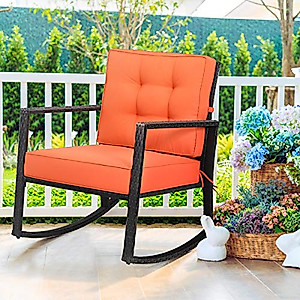 Tangkula Wicker Rocking Chair, Outdoor Glider Rattan Rocker Chair with Heavy-Duty Steel Frame, Patio Wicker Furniture Seat with 5” Thick Cushion for Garden, Porch, Backyard, Poolside (1, Orange)