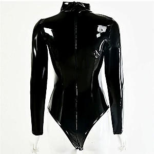 LESOYA Women's Sexy Wetlook PVC Leather High Neck Long Sleeve High Cut Thong Leotard Bodysuit Catsuit