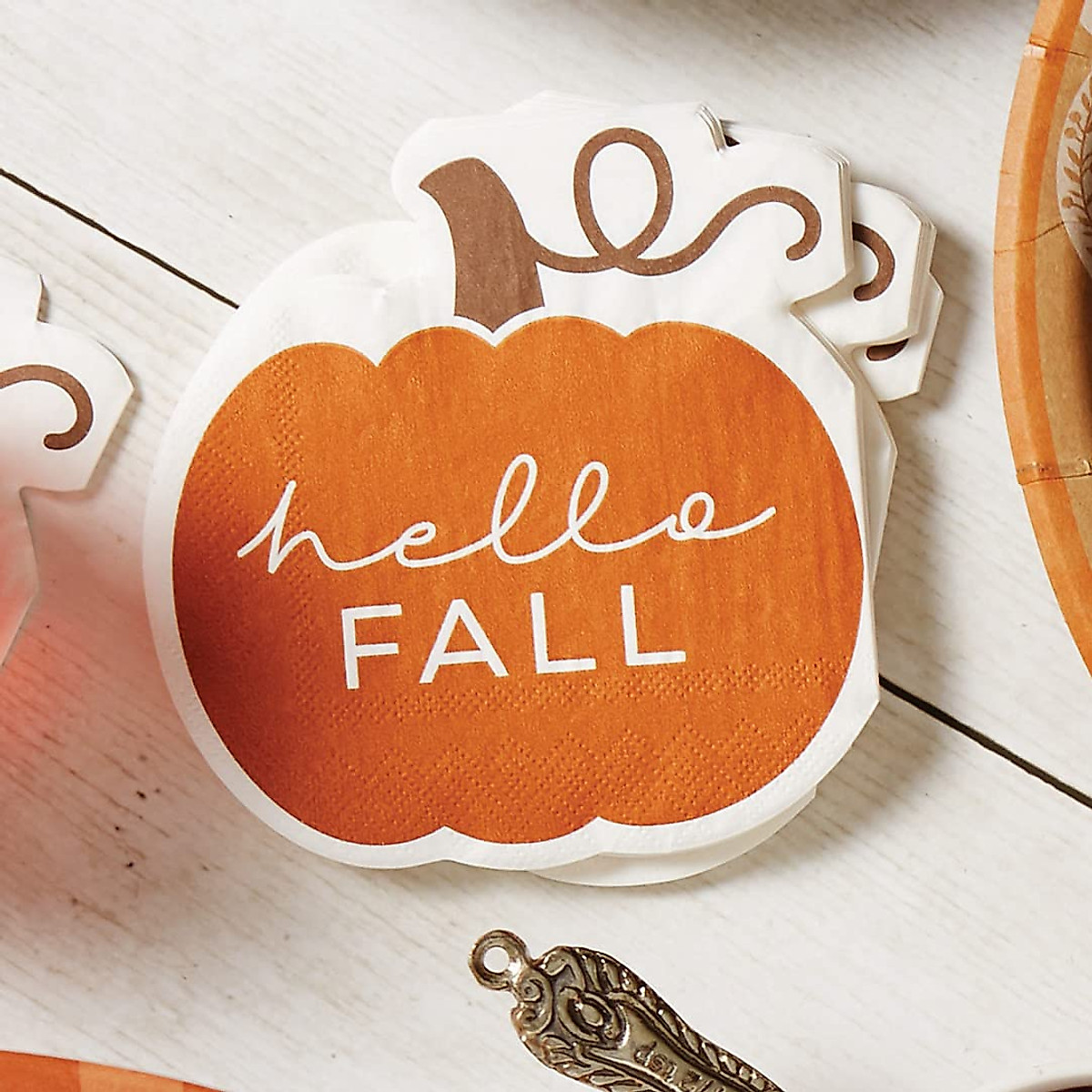 C.R. Gibson TW4-24063 Hello Fall Pumpkin Disposable Paper Cocktail Napkins for Thanksgiving and Halloween, Orange, 20pcs, 5" x 5"