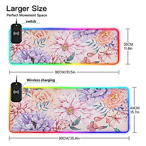 VKPSCHJ Wireless Charging Mouse Pad Watercolor Chrysanthemum Peony Rose RGB Gaming Mouse Mat 15W Fast Charging, Extra Large Computer Keyboard Mat with Non-Slip Rubber Base for Mobile Phone,PC, Lapto
