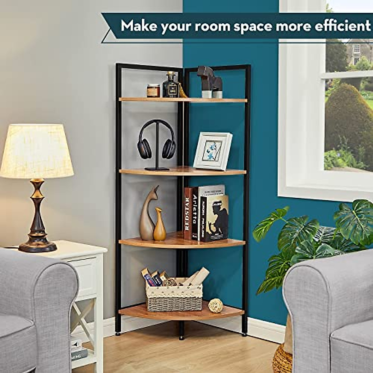 SAYGOER Corner Bookshelf and Glass Coffee Table with Storage