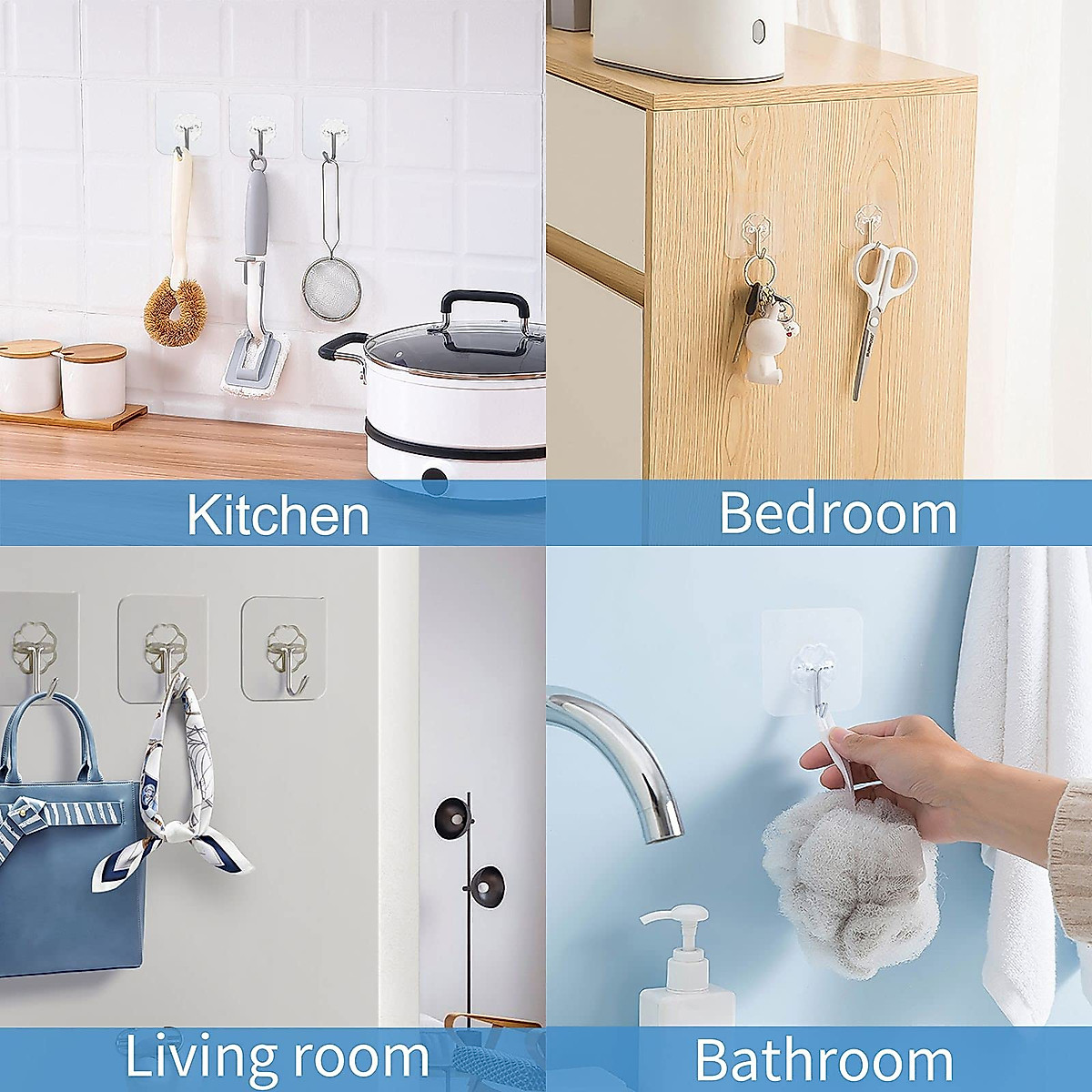 WOVU Wall Hooks 33 lbs(Max) Transparent Seamless Hooks for Hanging,Waterproof Oilproof Bathroom Kitchen Heavy Duty Adhesive Hooks,Coat Hooks, Utility Towel Bath Ceiling Hooks (10Pack)