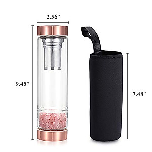 Yoption Crystal Water Bottle, Rose Quartz Healing Glass Water Bottle, Includes a Loose Leaf Tea Infuser Bottle and Protective Sleeve