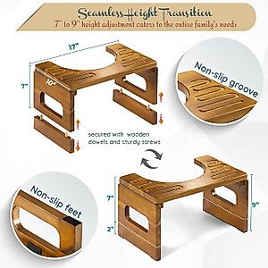 BLUEWEST Foldable Toilet Stool, 7'' and 9'' Adjustable Heights Acacia Wood Poop Stool for Potty Training,Durable Collapsible Bathroom Stool, Adjustable Height for Family Members with Non-Slip Layer