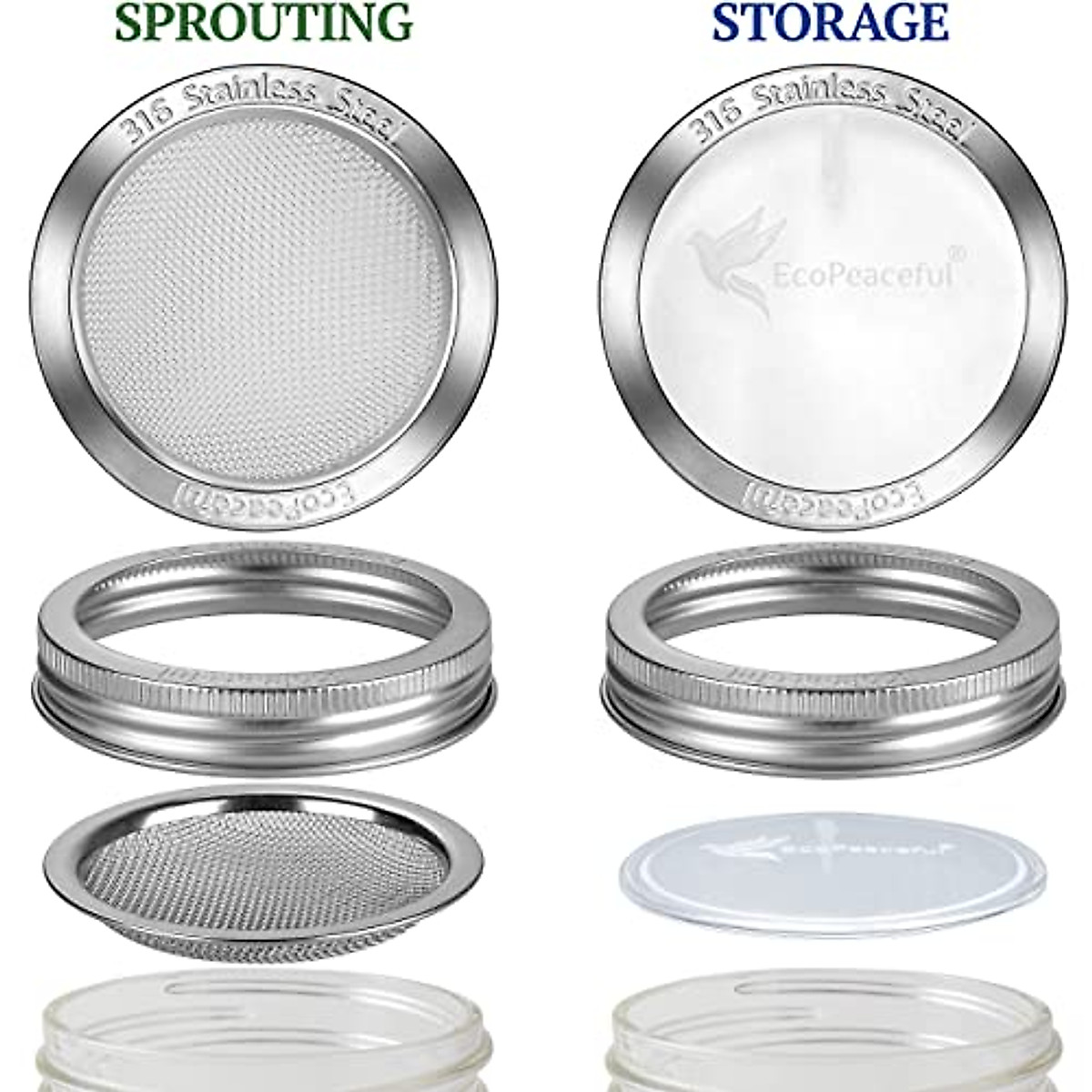 Mason Jar Sprouting Lids - 316 Surgical Stainless Steel Sprouting Lids for Wide Mouth Mason Jars- Rust-Proof, BPA-free - Curved Mesh Lids for Canning Jars (Wide Mouth)