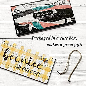 Bee Decor-Bee Nice or Buzz Off Sign 6x12 Inch |HD Pictures Wall Art Prints Farmhouse Decorative Hanging Wood Signs for Home Bathroom Living Room Office,Coffee Bar