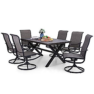 PHI VILLA 7 Pcs Outdoor Patio Dining Set, 6 Metal Chair with Textilene Fabric and 1 Wood Like Metal Dining Table, All Weather Resistant, Clearance for Lawn Garden