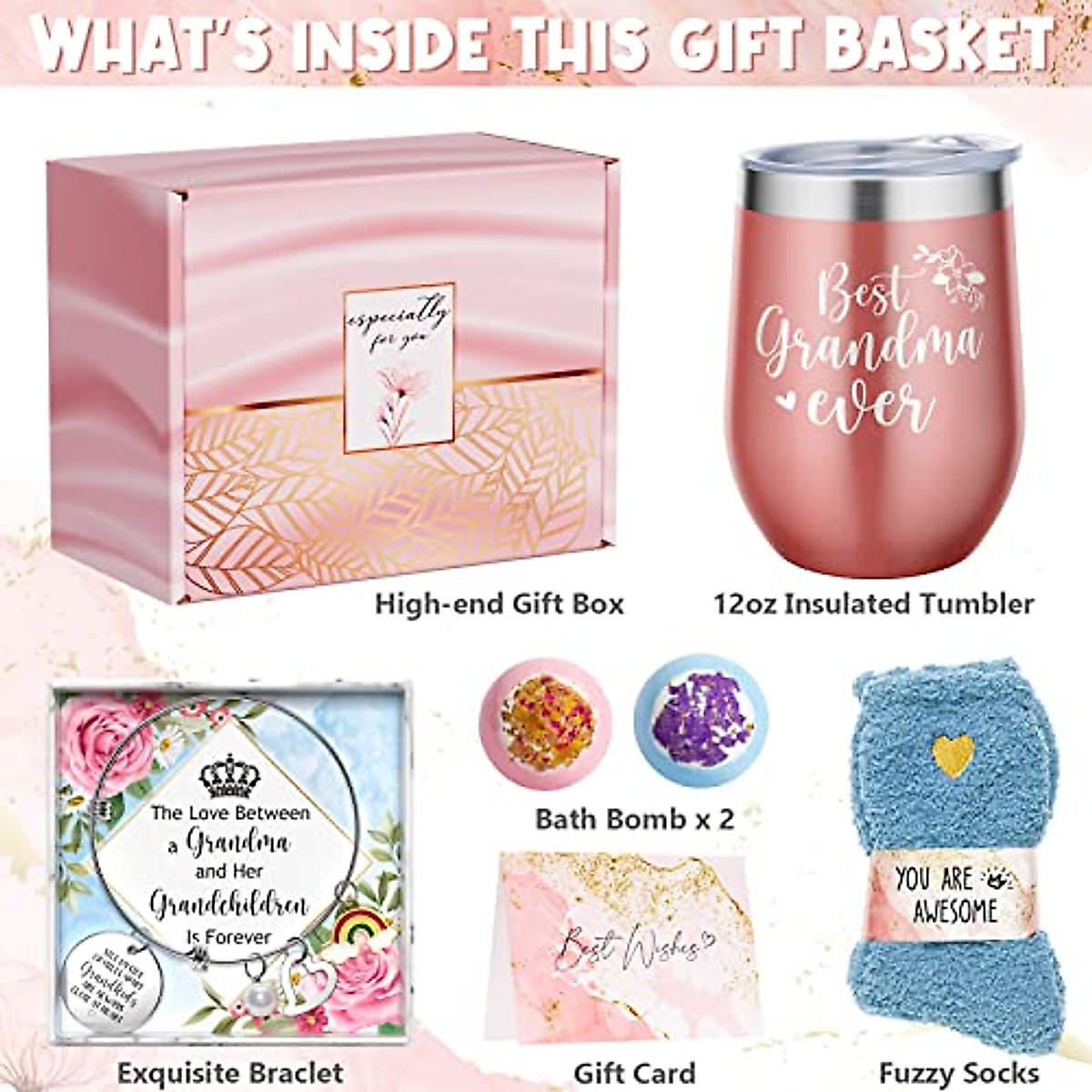 Best Grandma Gifts Mothers Day Gifts for Grandma from Granddaughter Grandchildren Grandkids, Nana Gifts Basket Grandma Birthday Gifts for Grandmother, New Grandma Gift with Wine Tumbler for Christmas